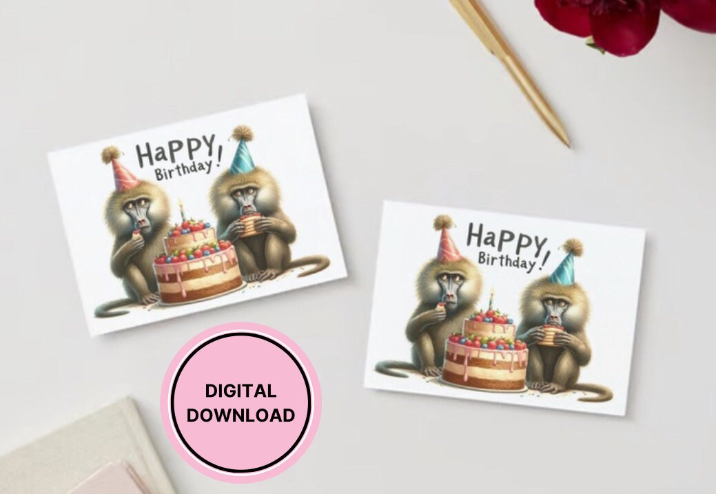 Funny Baboon Birthday Card Printable Monkey Digital Download Greeting ...