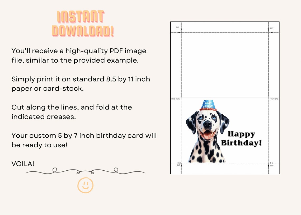 Adorable Dalmatian Birthday Card Instant Download Dog Greeting Card ...