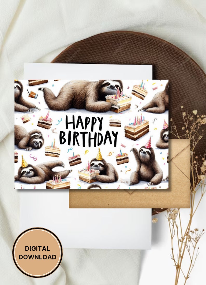Funny Sloth Birthday Card Printable Digital Download Greeting Cute Gift ...