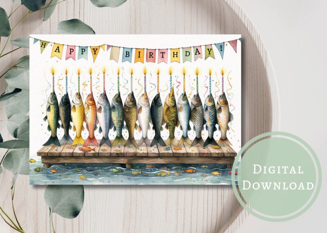 Fishing Birthday Card Printable Fish Digital Download Greeting Gift for ...