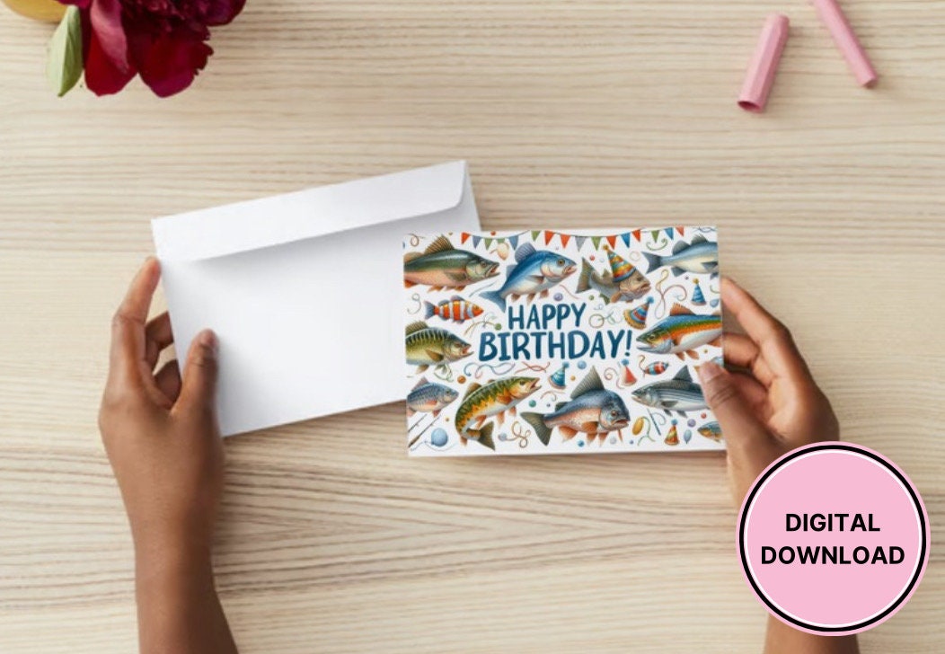 Fish Birthday Card Printable Digital Download Greeting Gift for ...