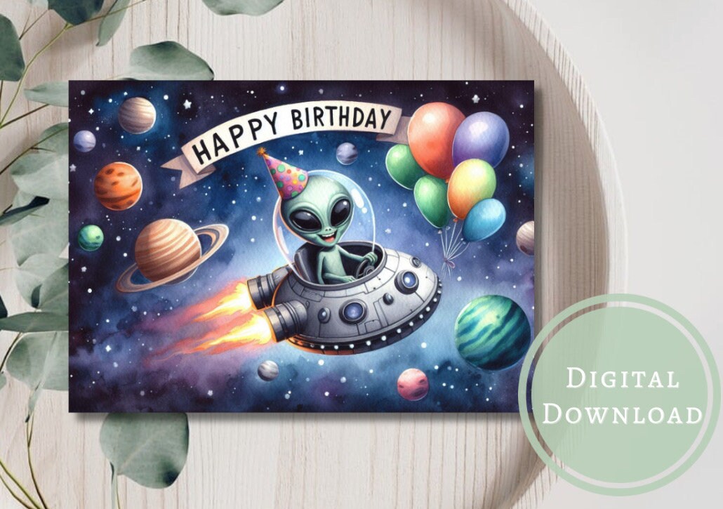 Alien Birthday Card Printable Funny Digital Download Greeting Gift for ...