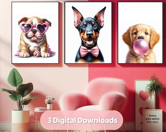 Cute Puppies, Nursery Wall Art, Dog Prints, Set of 3, Light Pink ...