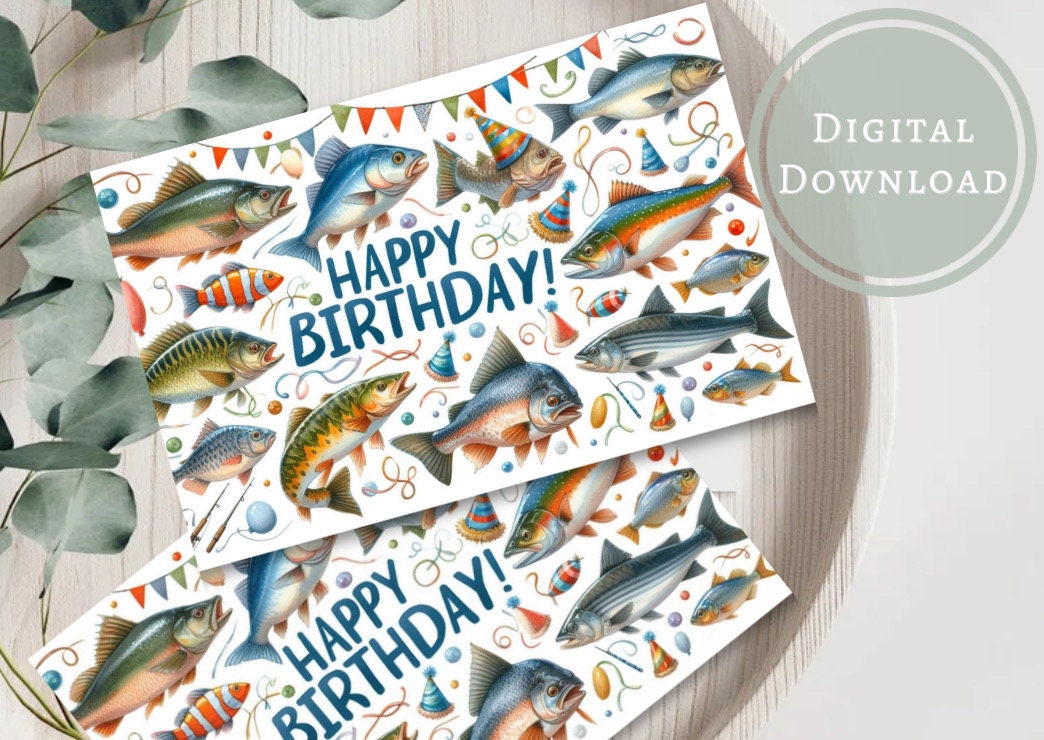 Fish Birthday Card Printable Digital Download Greeting Gift for ...