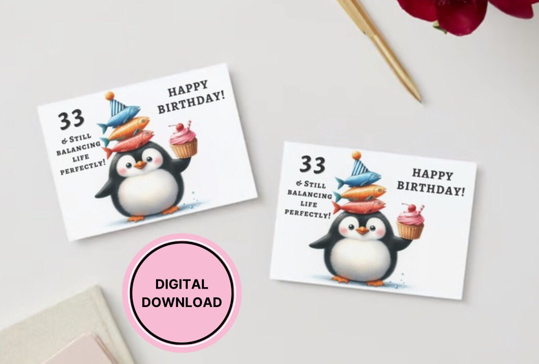 33rd Penguin Birthday Card Printable Digital Download Greeting Cute ...