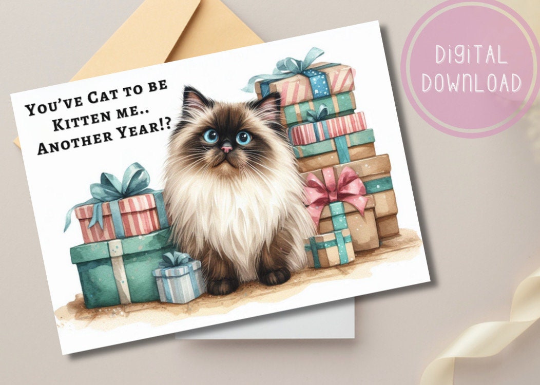 Funny Cat Birthday Card Printable Digital Download Cute Greeting Gift ...