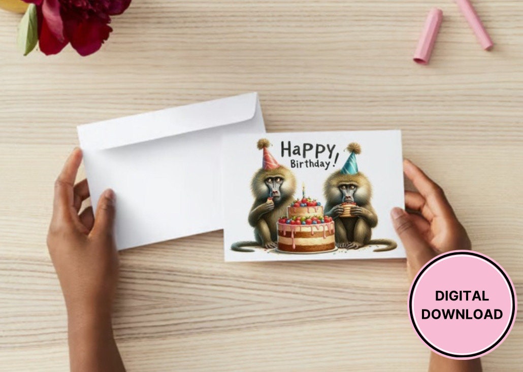 Funny Baboon Birthday Card Printable Monkey Digital Download Greeting ...