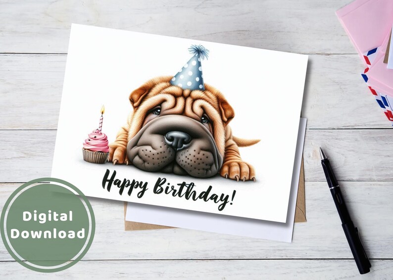 Shar Pei Puppy Birthday Card Printable Digital Download Greeting Gift ...