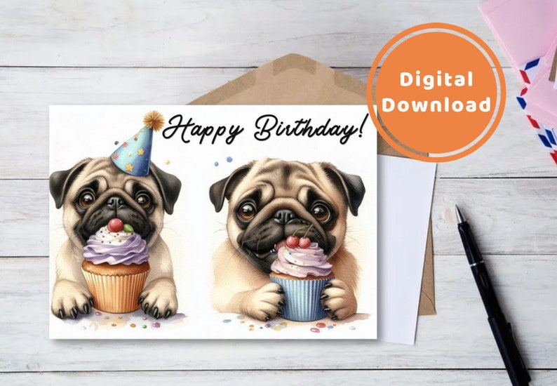 Pug Birthday Card Printable Greeting Digital Download for Dog Lovers - Etsy
