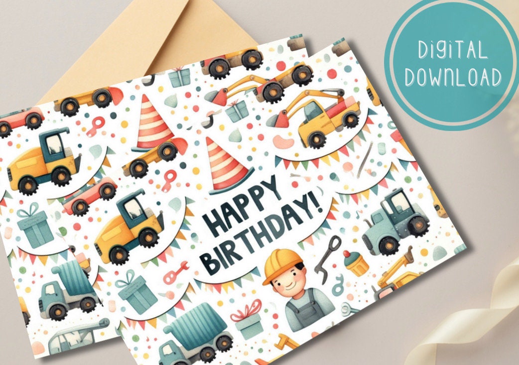 Construction Birthday Card Printable Digital Download Greeting Gift for ...