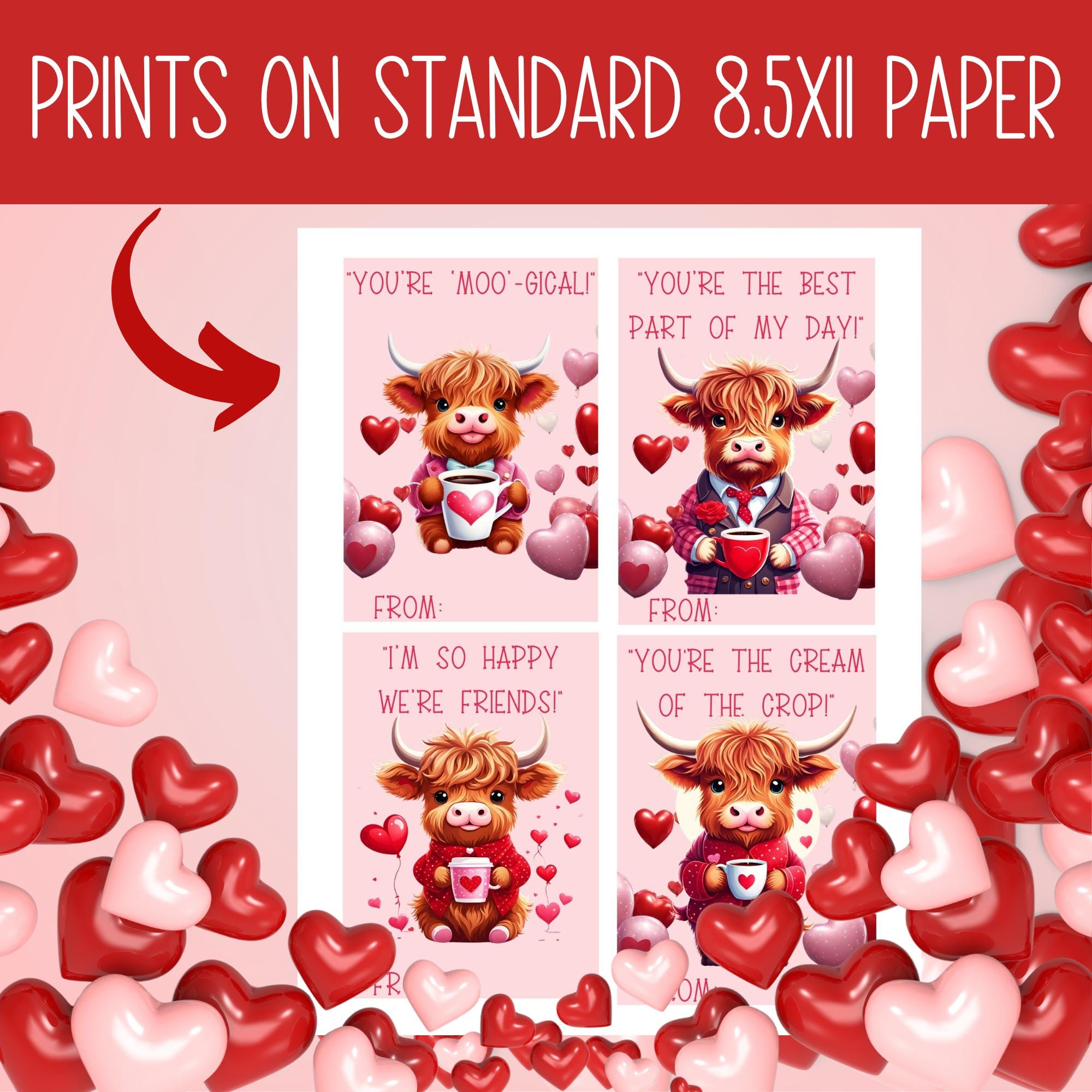 Baby Highland Cow Valentine Card Printable Classroom Set Cute Calf ...