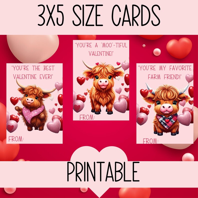 Baby Highland Cow Valentine Card Printable Classroom Set Cute Calf ...