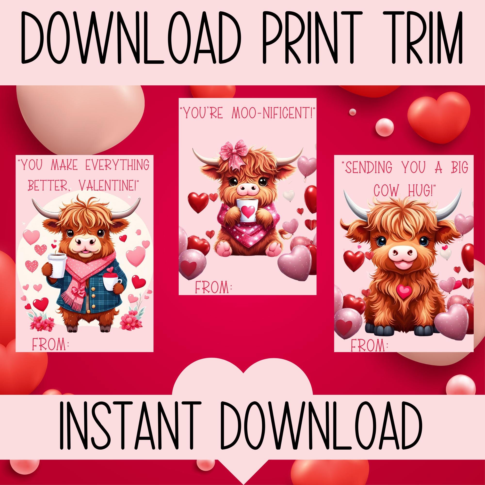 Baby Highland Cow Valentine Card Printable Classroom Set Cute Calf ...