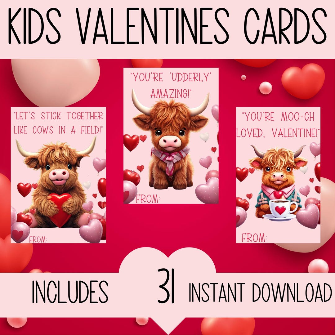 Baby Highland Cow Valentine Card Printable Classroom Set Cute Calf ...