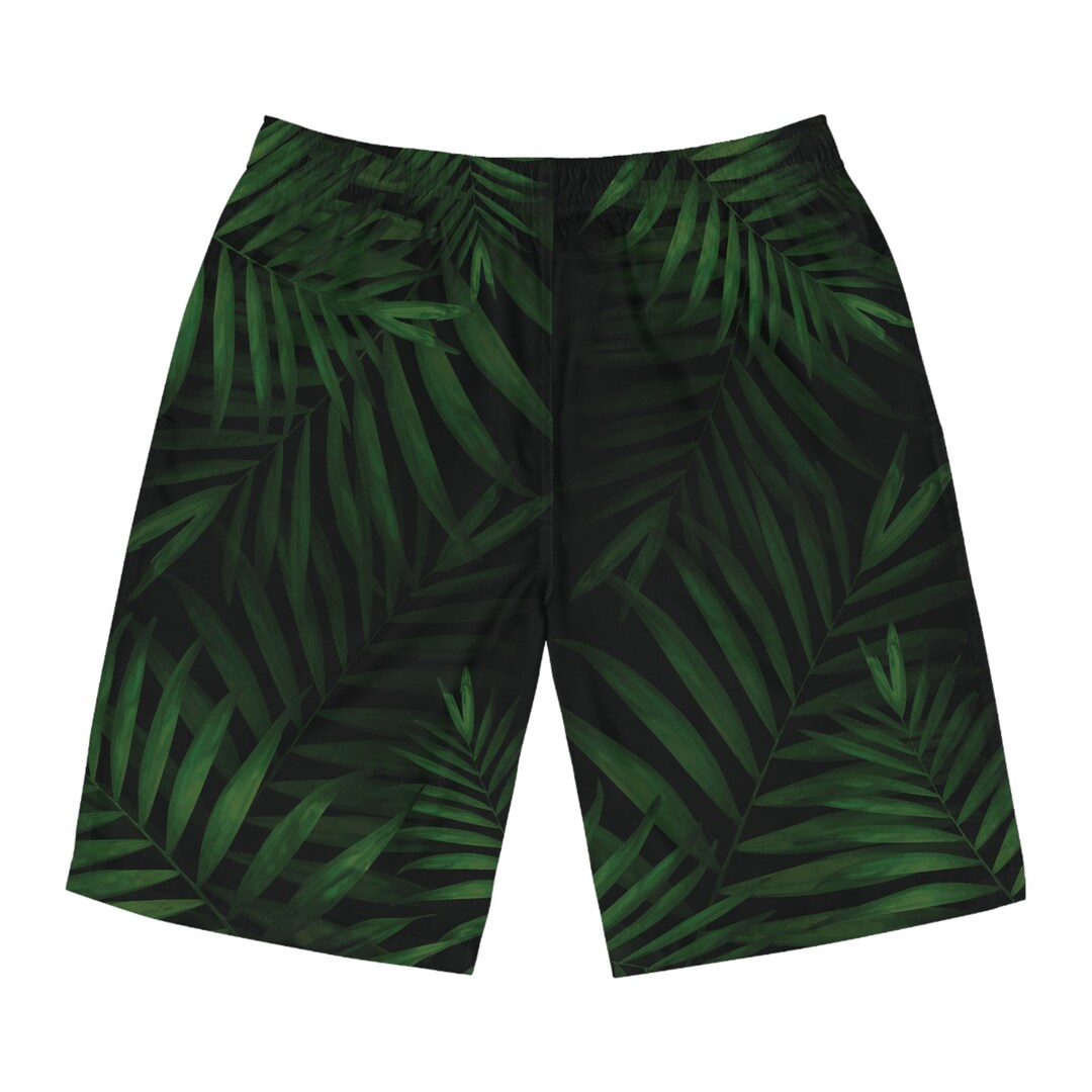 Black Board Shorts Chill Palm Leaf Swim Trunks With Pockets Long Knee ...