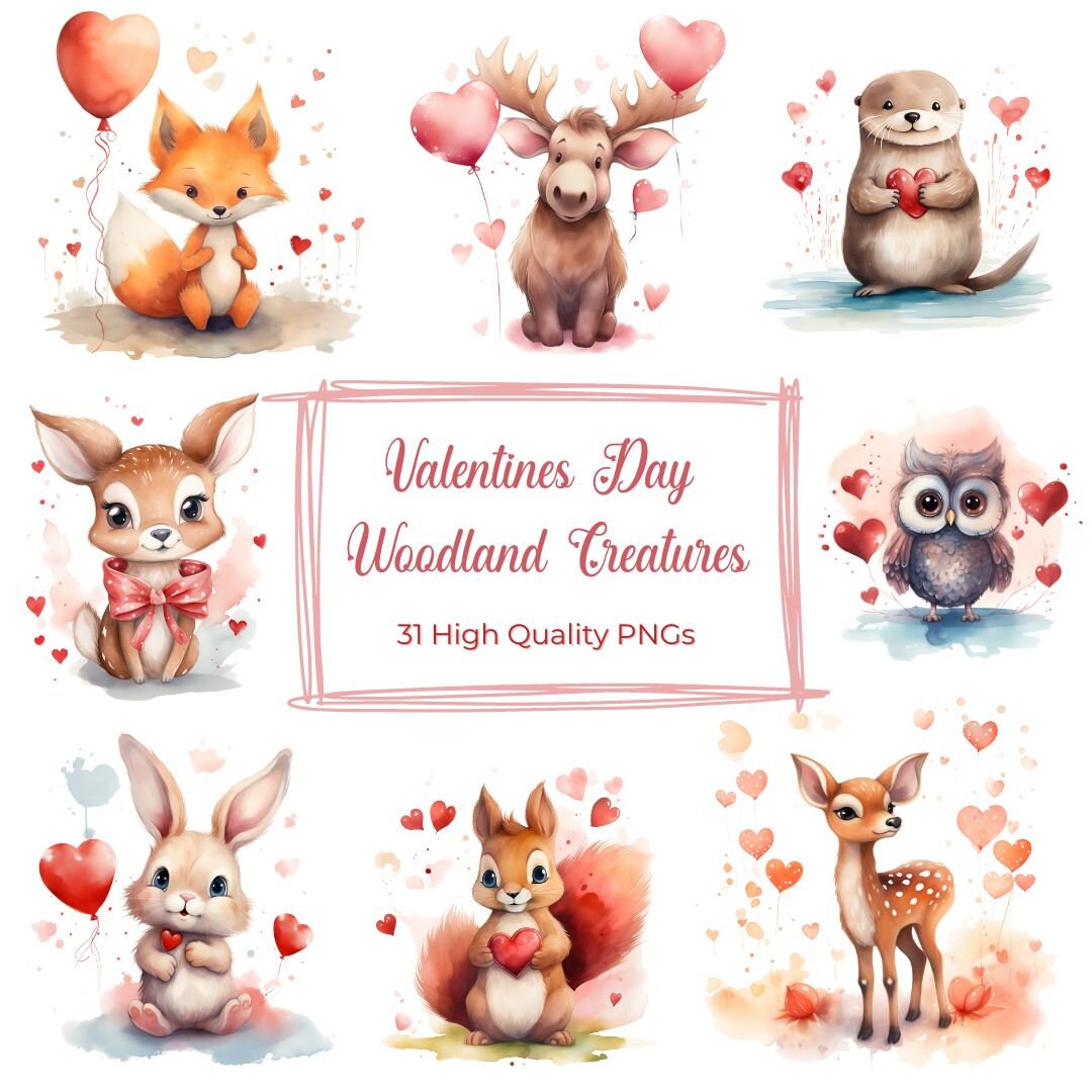 Valentines Day Watercolor Clipart Woodland Creatures, Cute Baby Animals ...