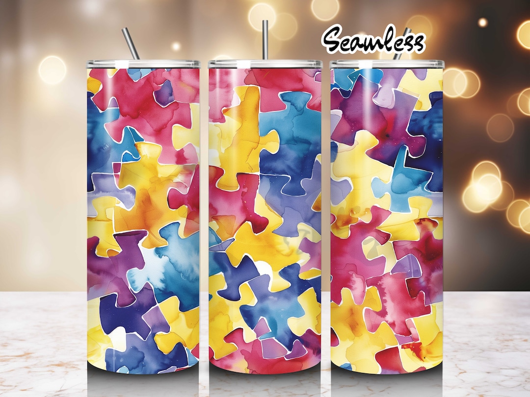 Autism Awareness Puzzle Watercolor Pattern 20oz Skinny Tumbler Autism ...