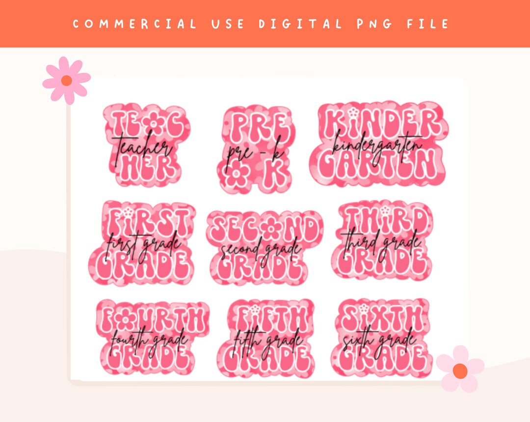 Back to School Retro Floral Grade Level Instant Download PNG Images - Etsy