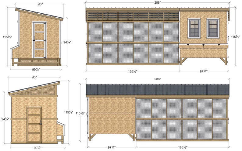 8x8 Chicken Coop and 8x16 Run Plans PDF, DIY Sloped Roof Hen House With ...