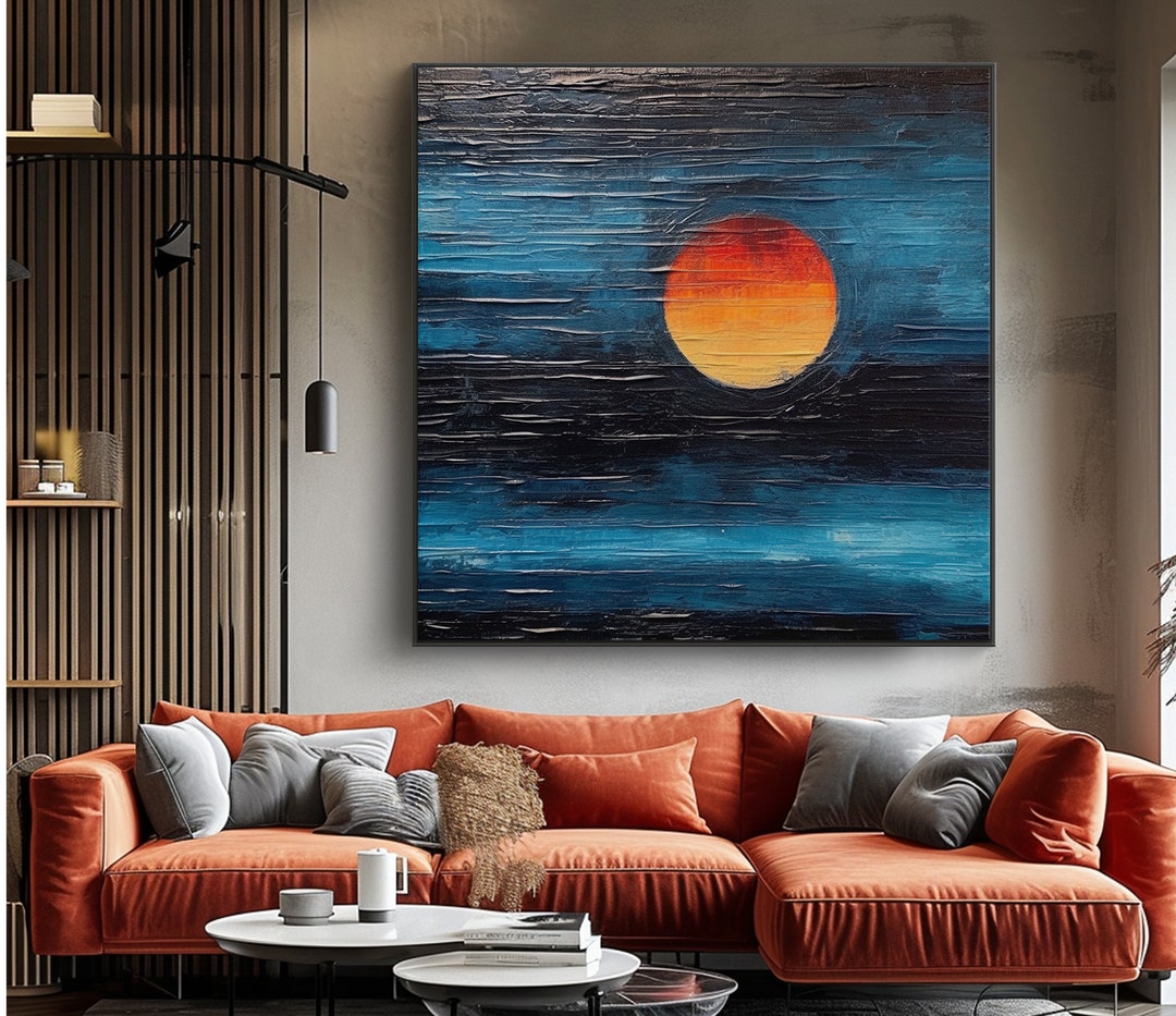 Full Moon Red, Dark Blue Sky, 100% Hand Painted, Textured Painting ...