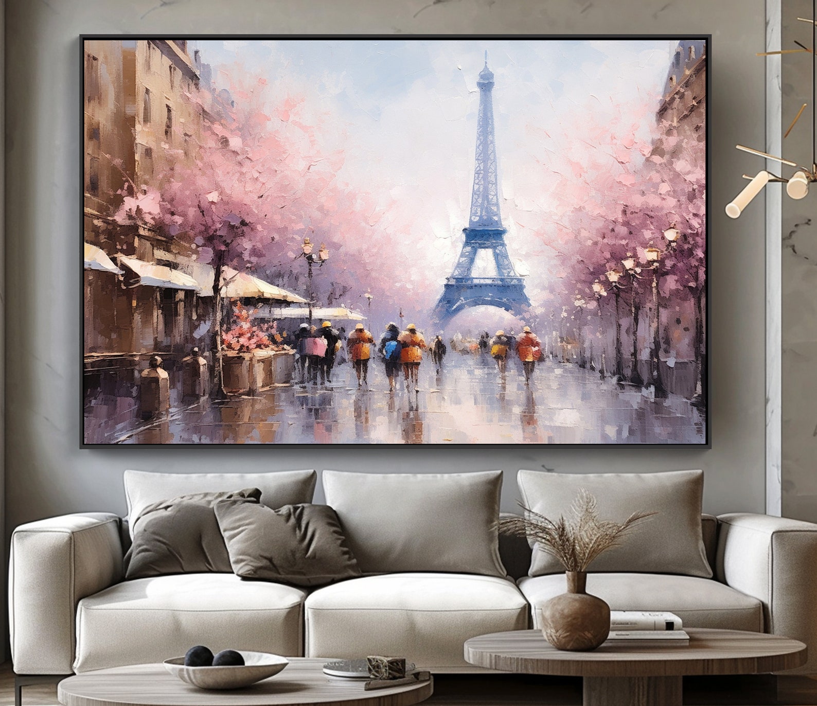 Eiffel Tower, Sakura, Person 100% Hand Painted, Textured Painting ...