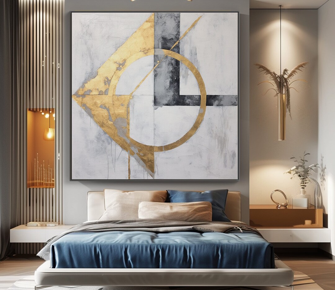 Golden Geometric Shapes Oil Painting, 100% Handmade, Textured Painting ...