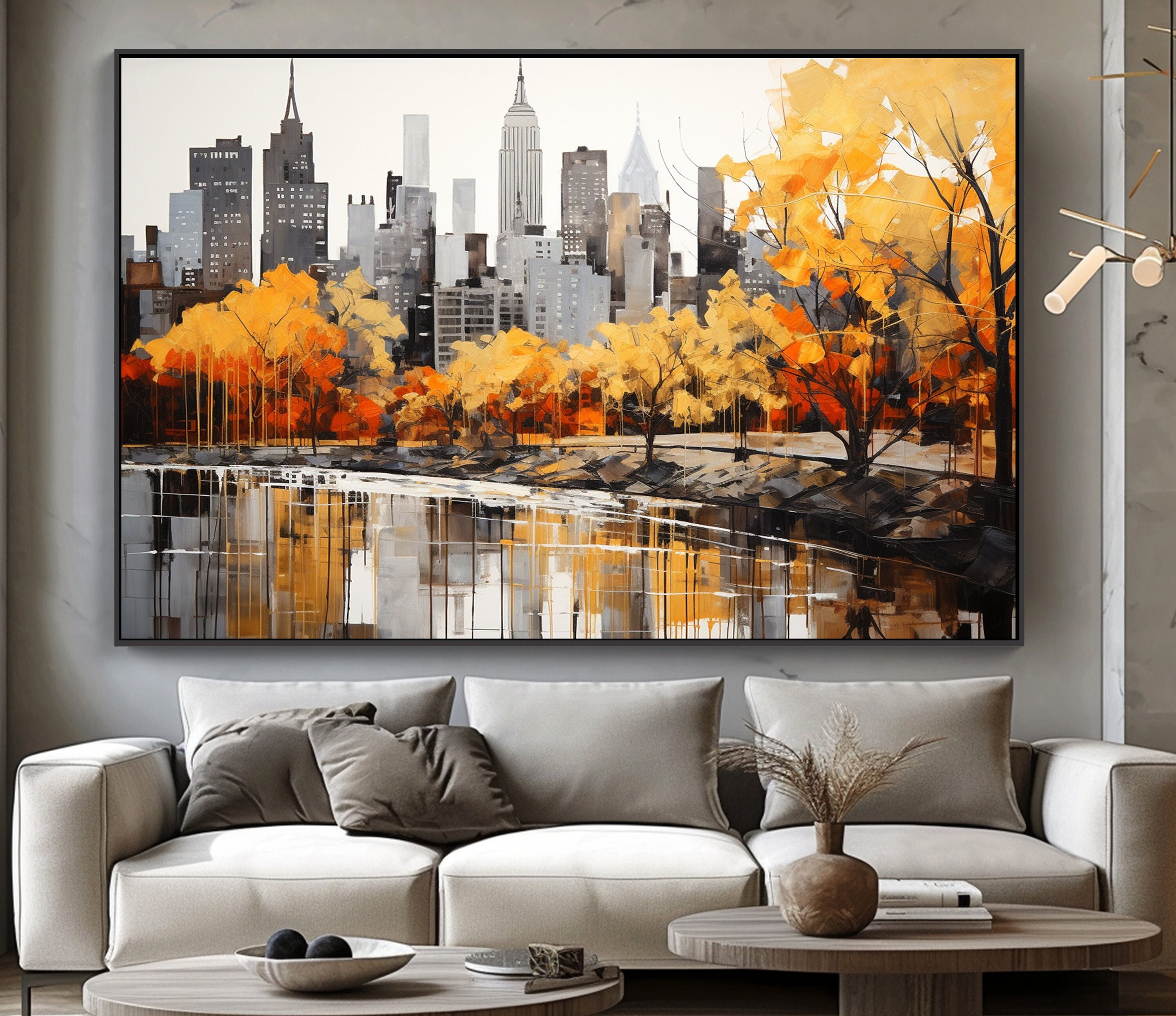 City, River, Tree, 100% Hand Painted, Textured Painting, Acrylic ...