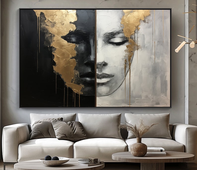 Abstract Face Art Black Gold 100 Hand Painted Textured Painting