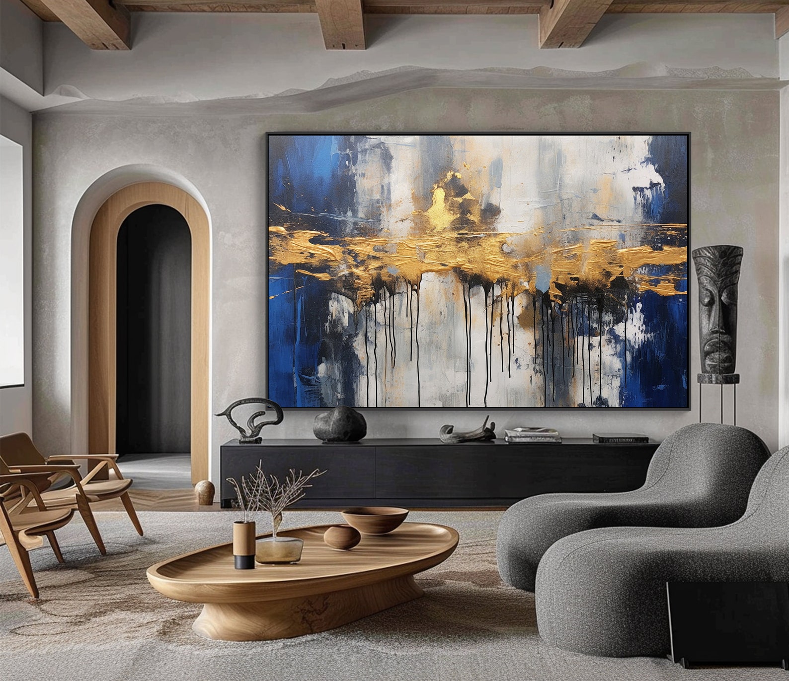 Gold Leaf Plated, Navy Blue, 100% Hand Painted, Textured Painting ...