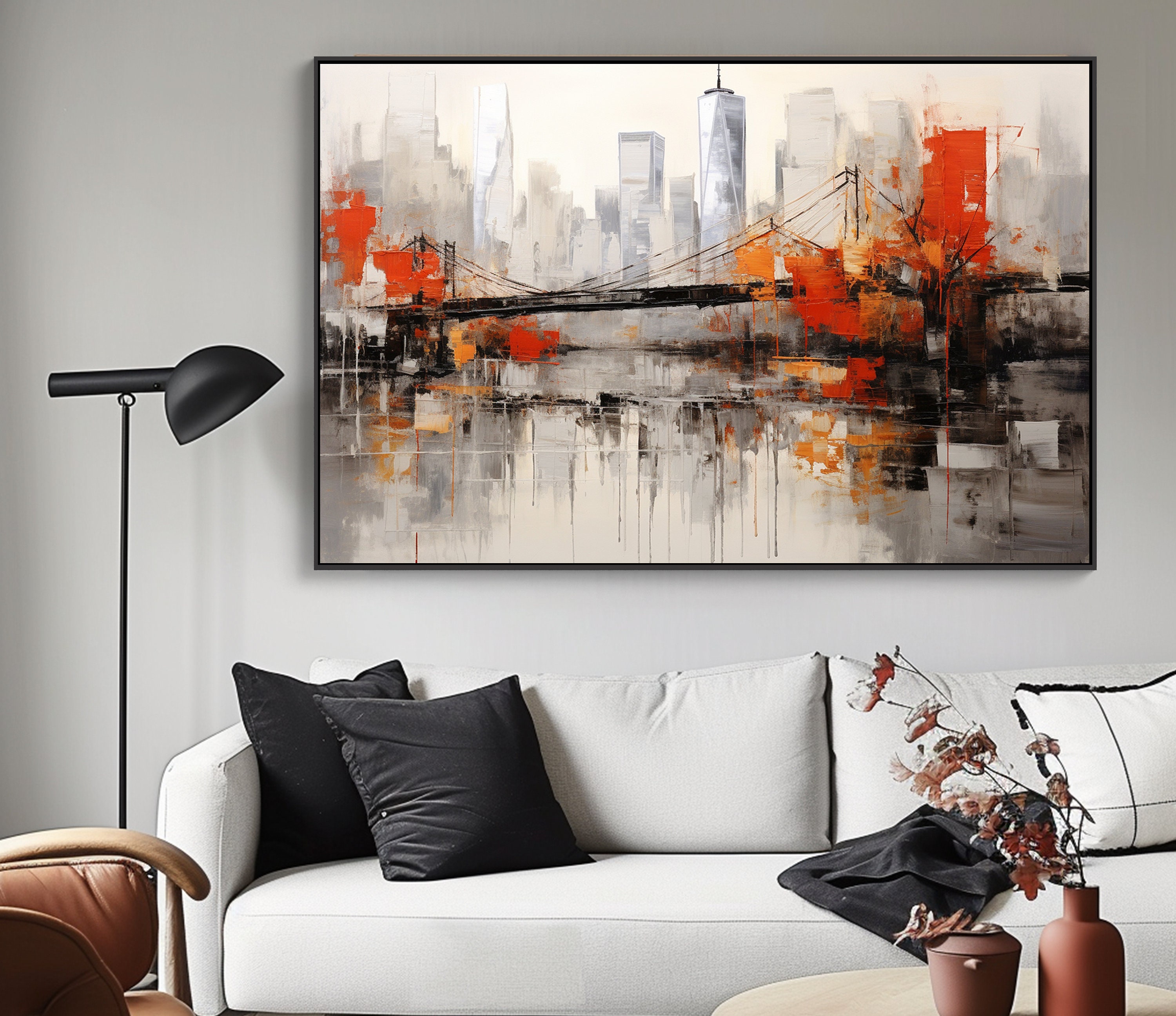 Brooklyn Bridge, Red, 100% Hand Painted, Textured Painting, Acrylic ...