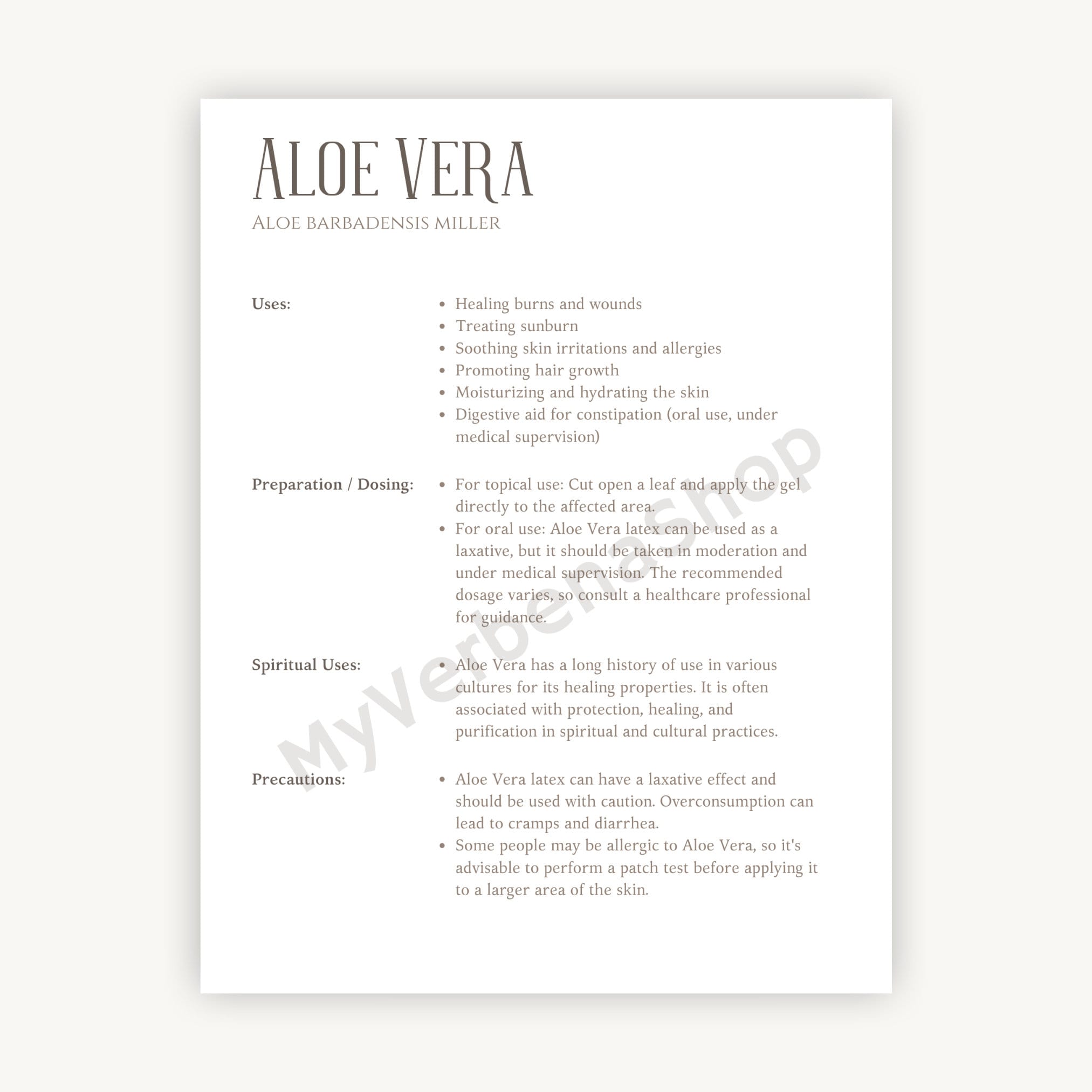 Aloe Vera Herbal Printable - Detailed Plant Guide & Uses - Spiritual ...