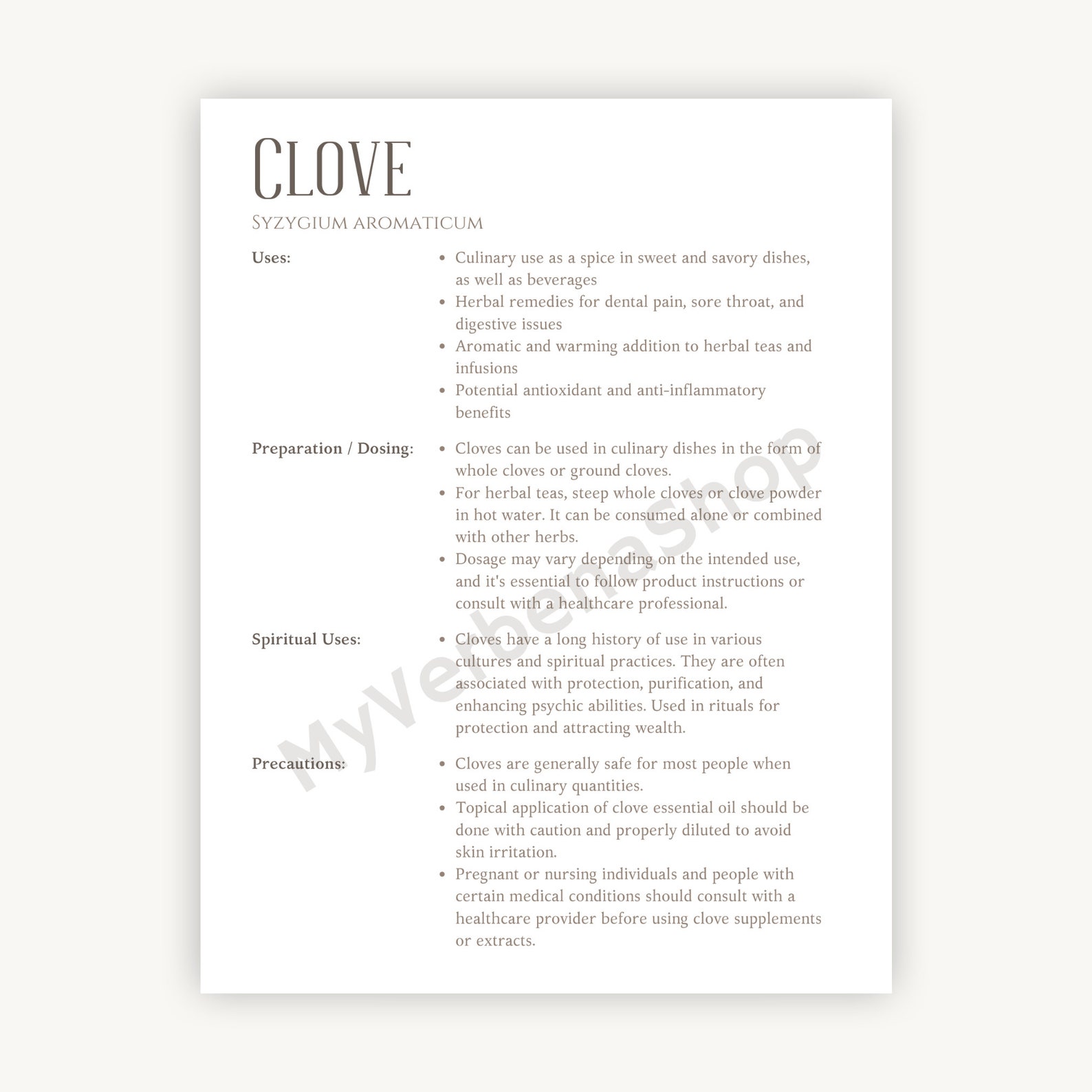 Clove Herbal Printable - Detailed Plant Guide & Uses - Spiritual ...