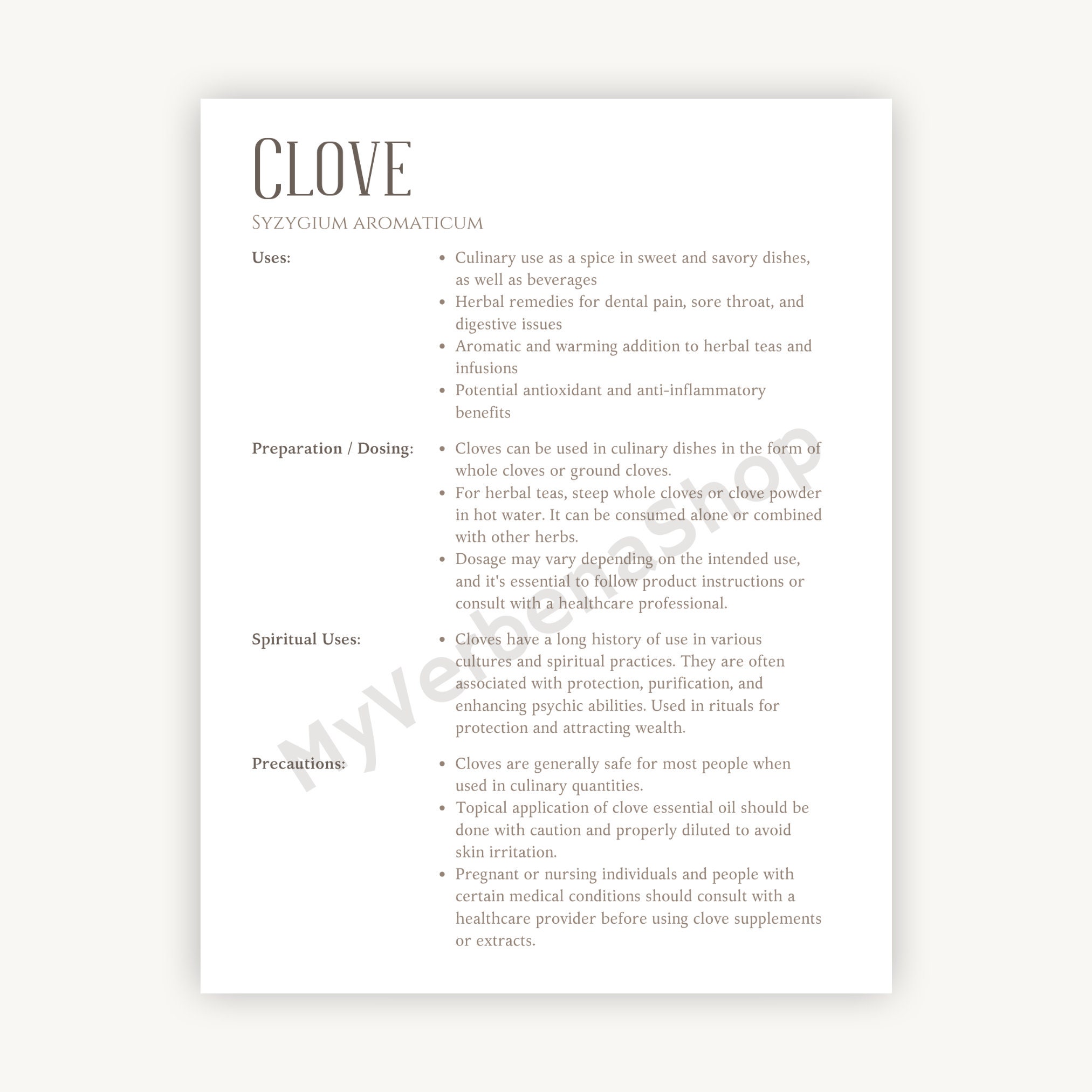 Clove Herbal Printable - Detailed Plant Guide & Uses - Spiritual ...