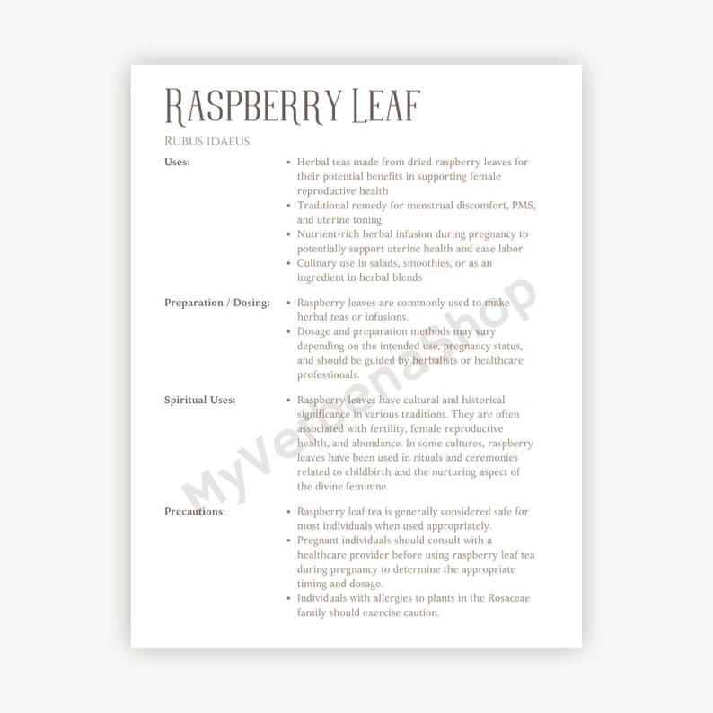 Raspberry Leaf Herbal Printable - Detailed Plant Guide & Uses ...