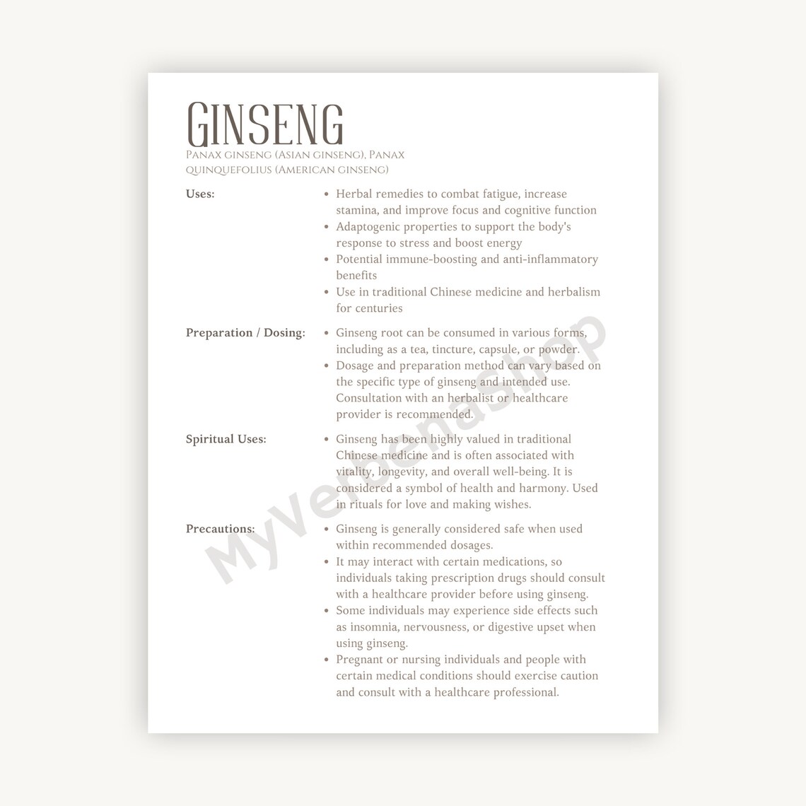 Ginseng Herbal Printable - Detailed Plant Guide & Uses - Spiritual Healing Properties Chart ...