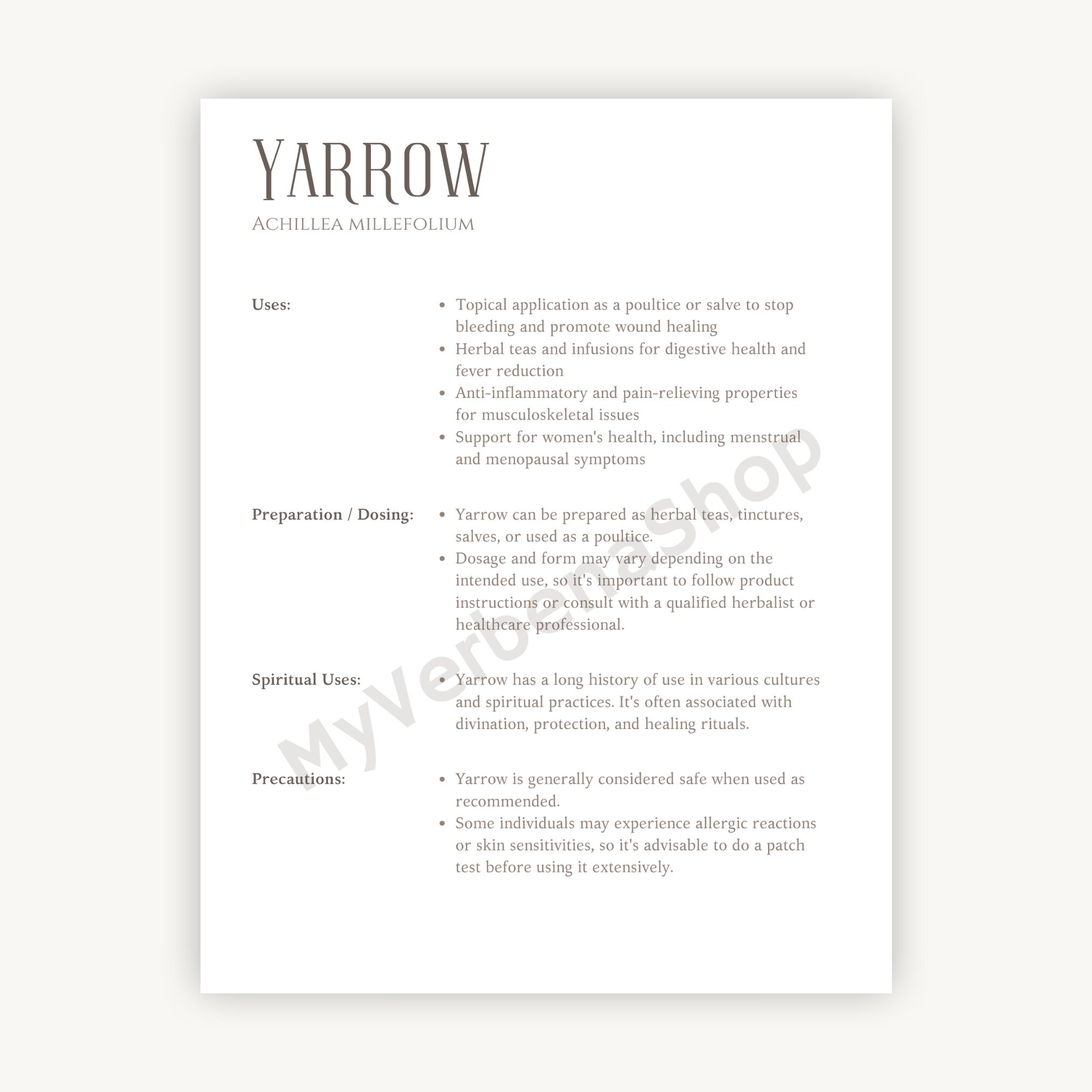 Yarrow Herbal Printable - Detailed Plant Guide & Uses - Spiritual ...