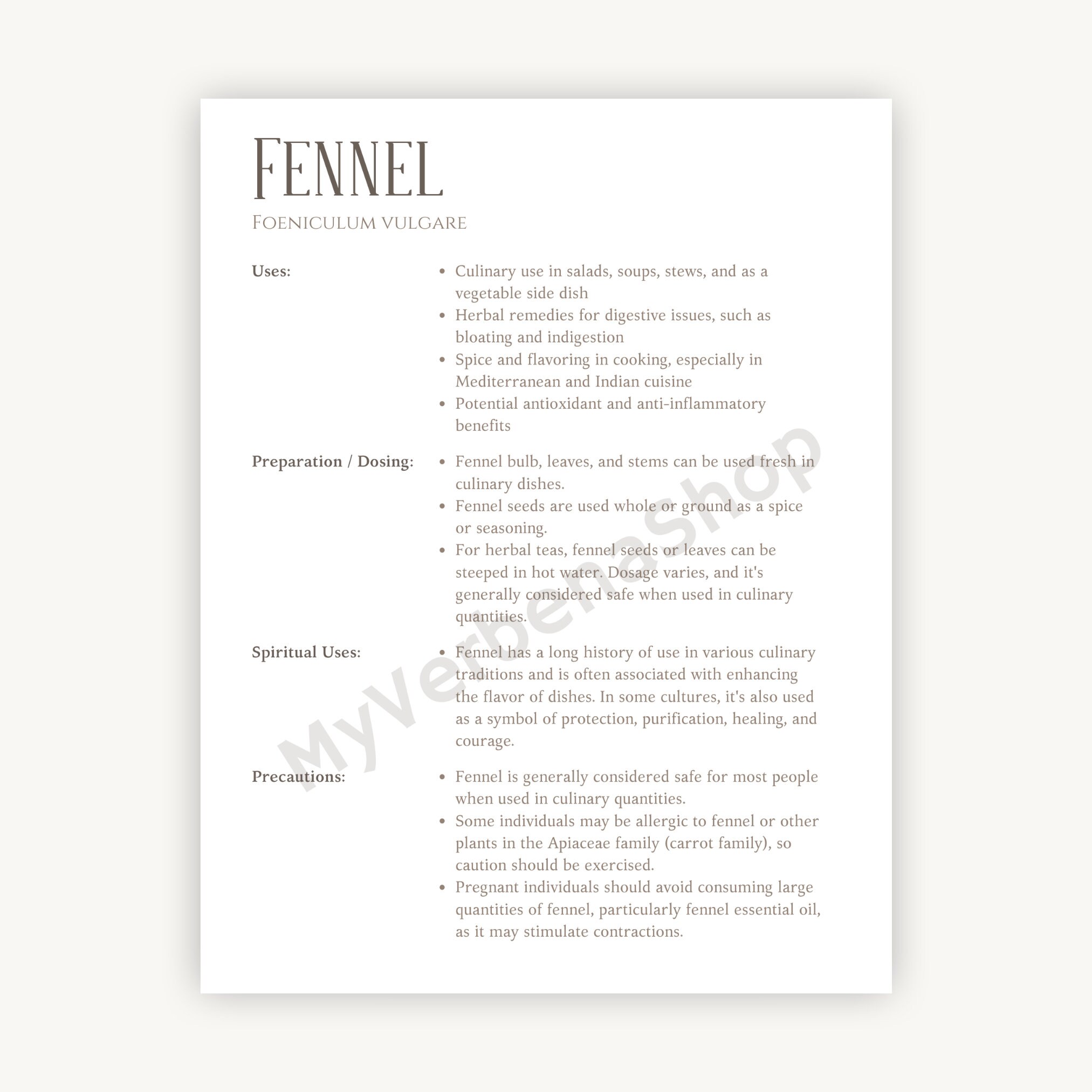 Fennel Herbal Printable - Detailed Plant Guide & Uses - Spiritual ...