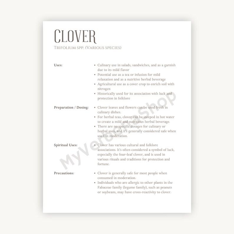 Clover Herbal Printable - Detailed Plant Guide & Uses - Spiritual ...