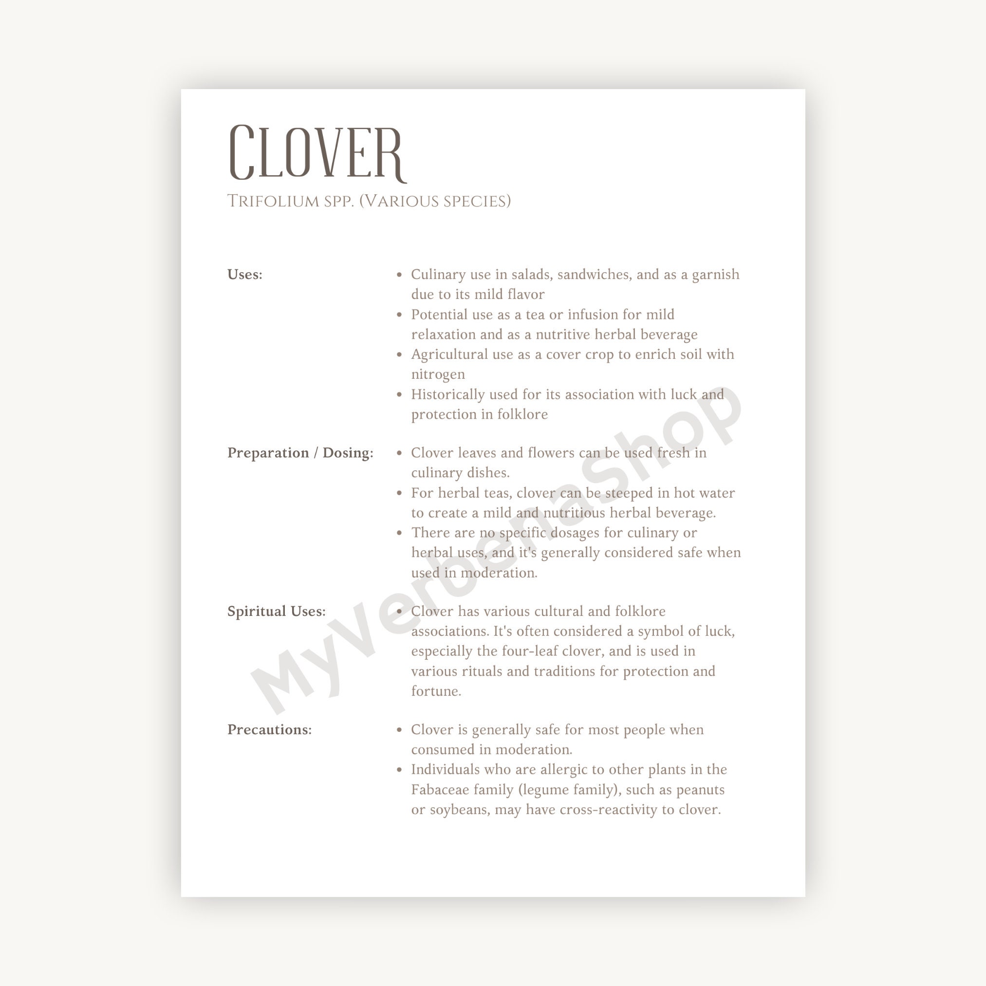 Clover Herbal Printable - Detailed Plant Guide & Uses - Spiritual ...