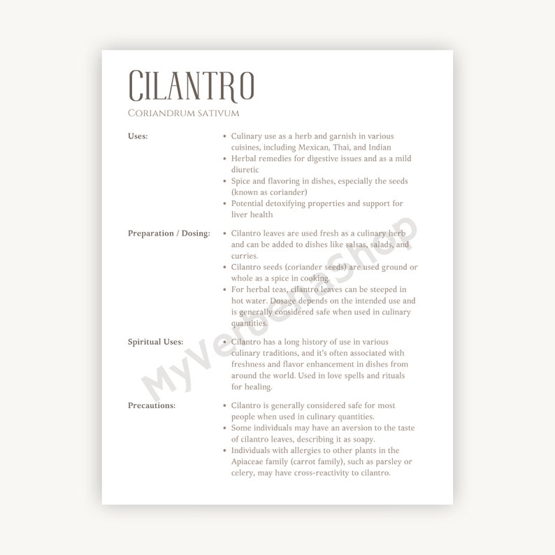 Cilantro Herbal Printable - Detailed Plant Guide & Uses - Spiritual ...