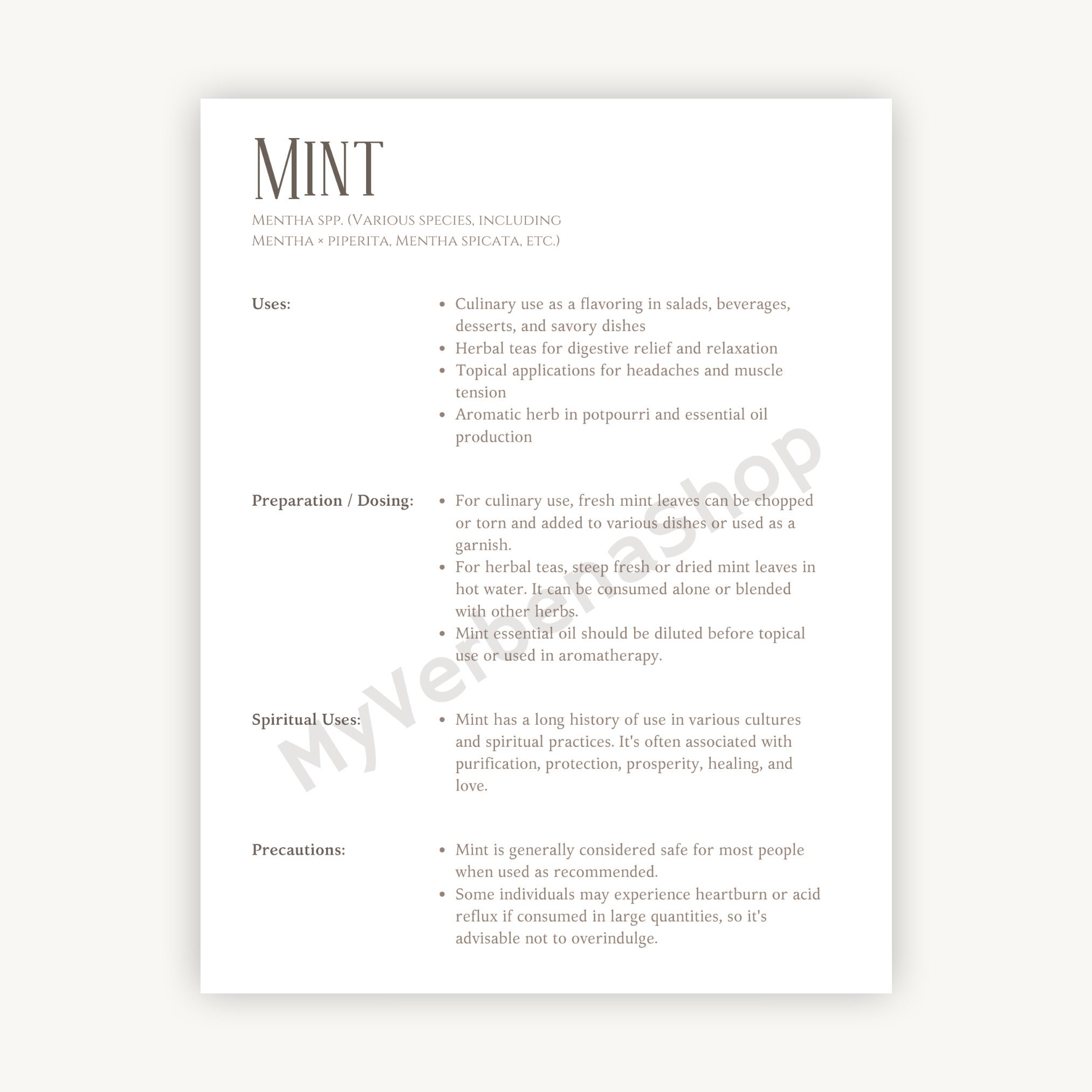 Mint Herbal Printable - Detailed Plant Guide & Uses - Spiritual Healing ...
