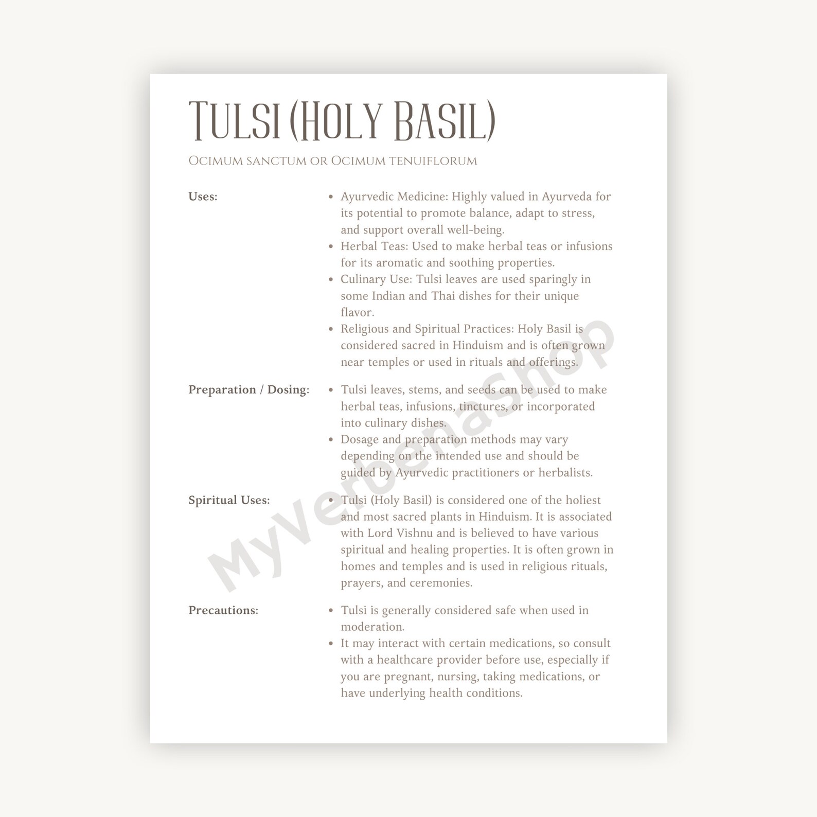 Tulsi (holy Basil) Herbal Printable - Detailed Plant Guide & Uses ...