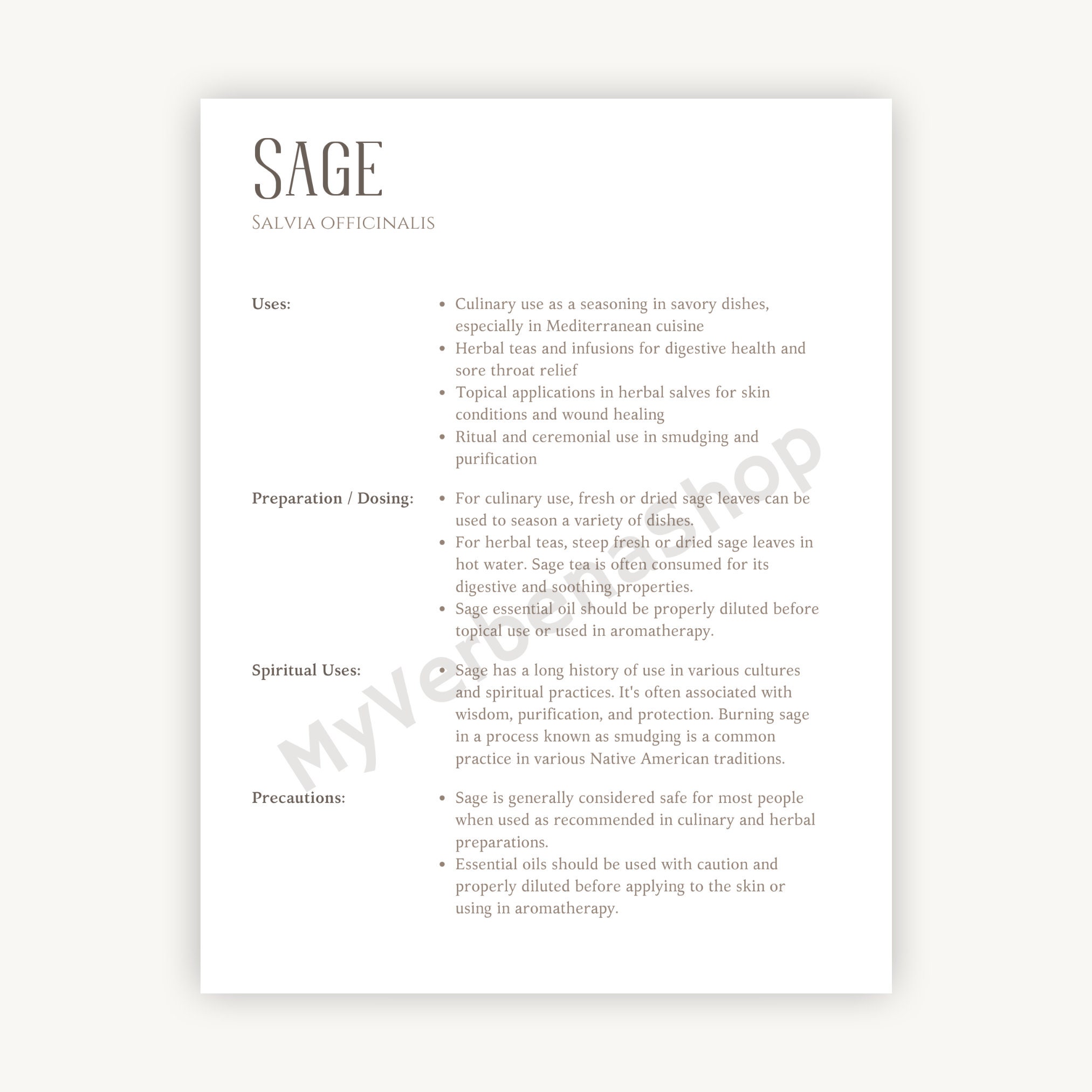Sage Herbal Printable - Detailed Plant Guide & Uses - Spiritual Healing ...