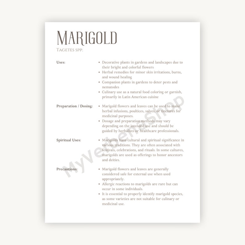 Marigold Herbal Printable - Detailed Plant Guide & Uses - Spiritual ...