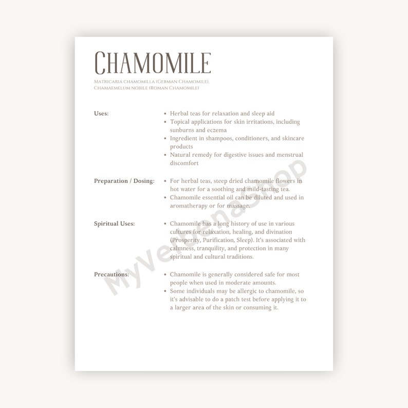 Chamomile Herbal Printable Detailed Plant Guide & Uses Spiritual ...
