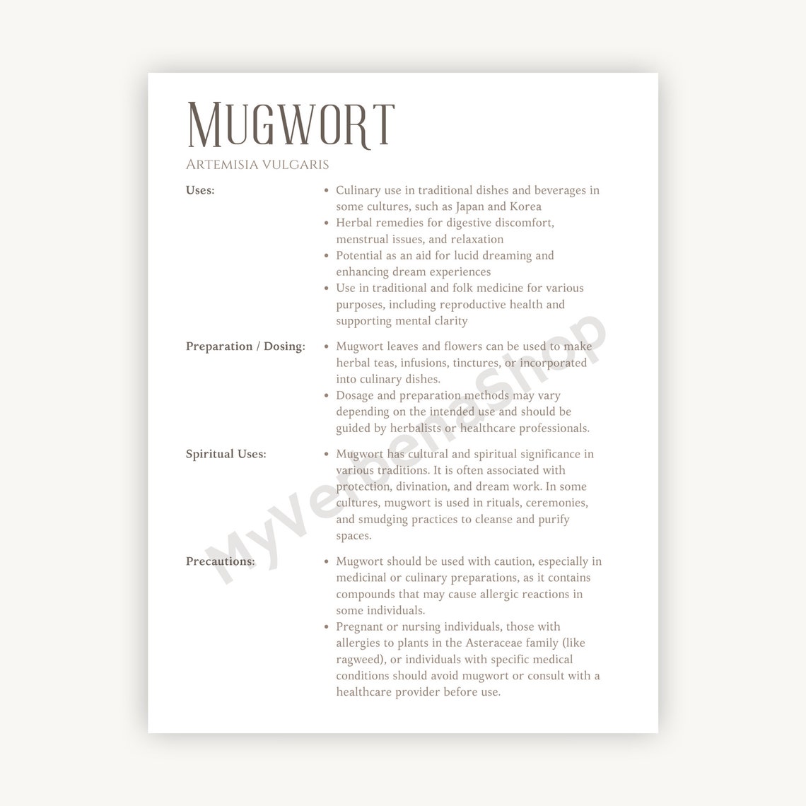 Mugwort Herbal Printable - Detailed Plant Guide & Uses - Spiritual ...