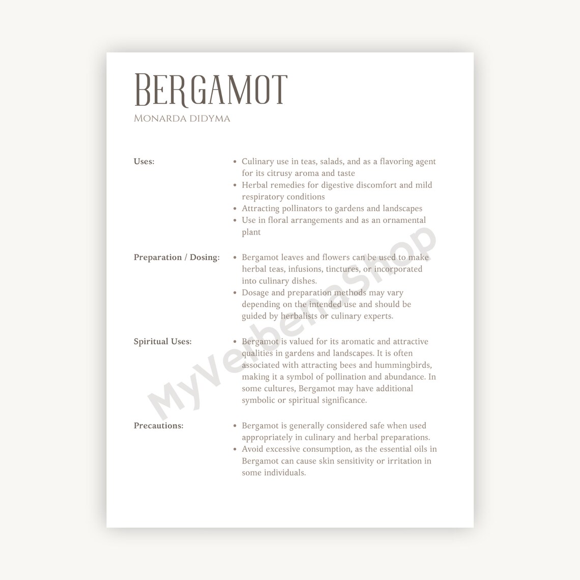 Bergamot Herbal Printable - Detailed Plant Guide & Uses - Spiritual ...
