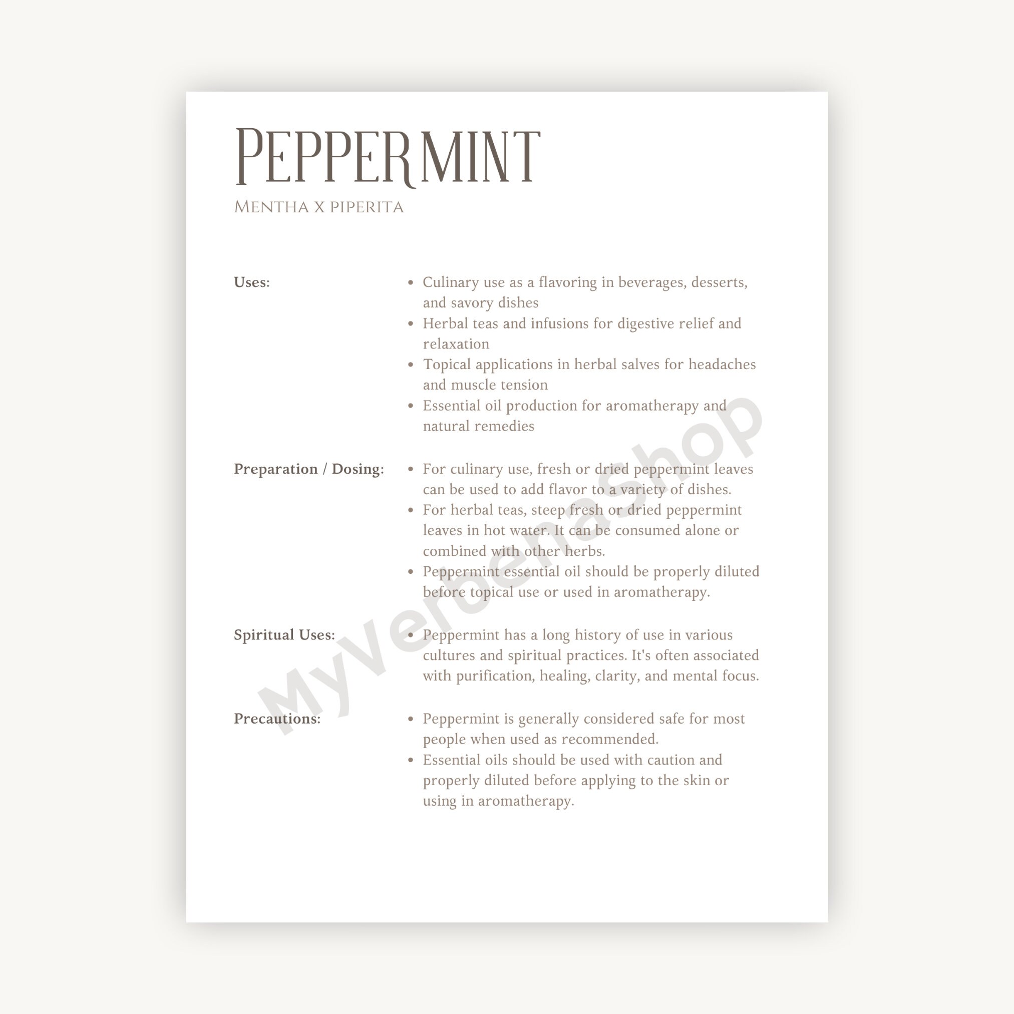 Peppermint Herbal Printable - Detailed Plant Guide & Uses - Spiritual ...