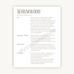 Wormwood Herbal Printable - Detailed Plant Guide & Uses - Spiritual ...