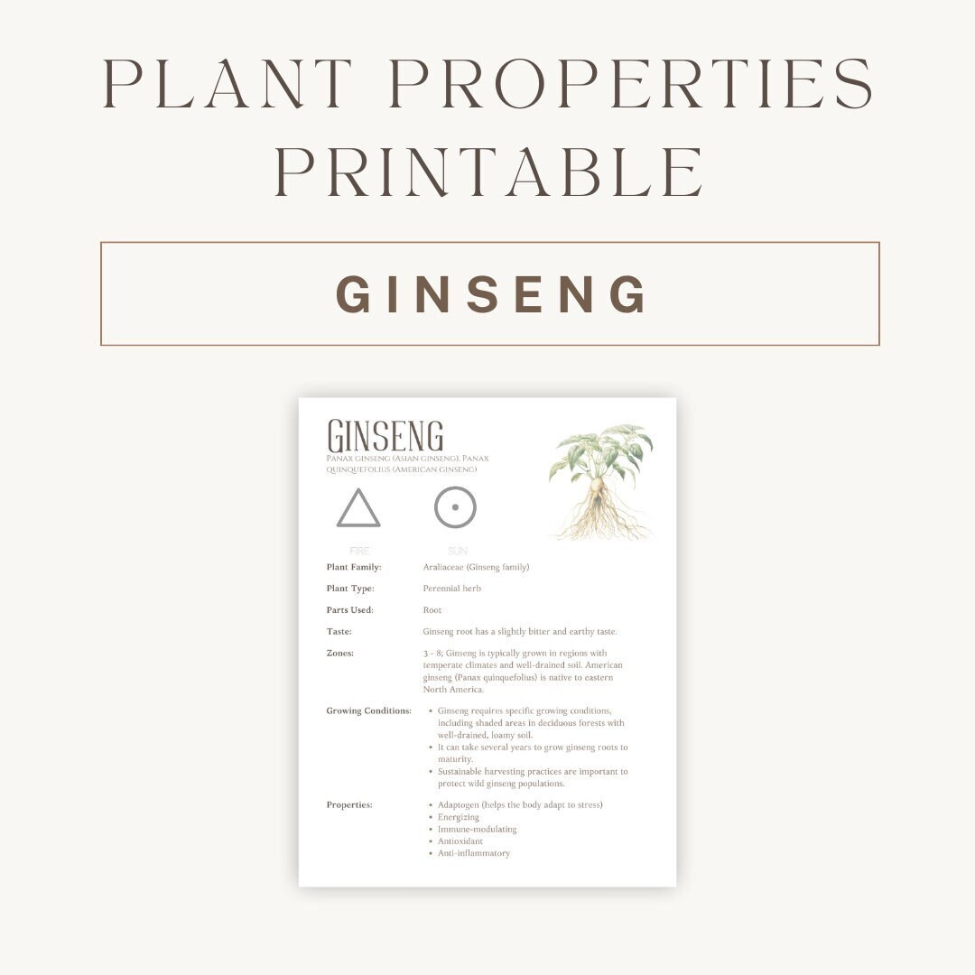 Ginseng Herbal Printable - Detailed Plant Guide & Uses - Spiritual Healing Properties Chart ...